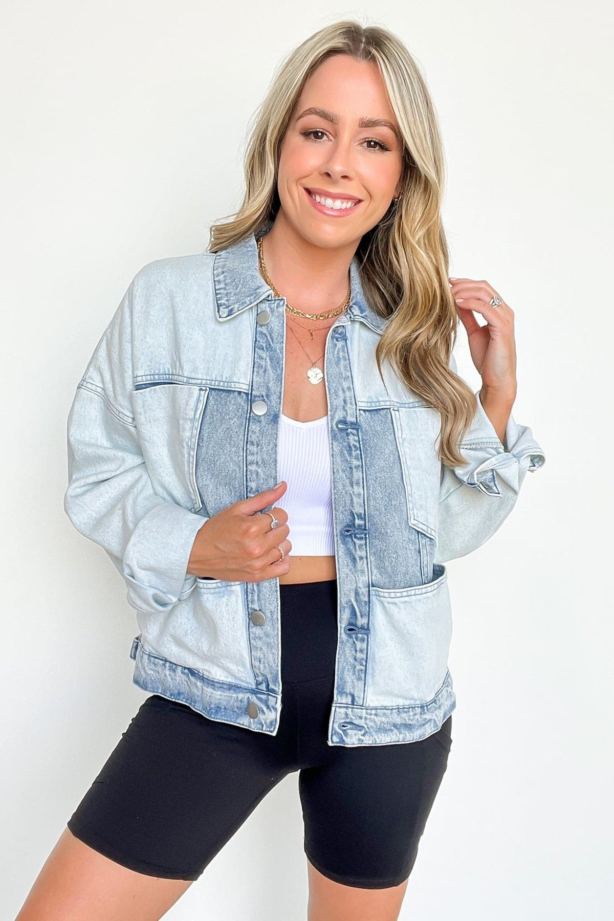 Essential Trend Color Block Contrast Denim Jacket · Madison + Mallory