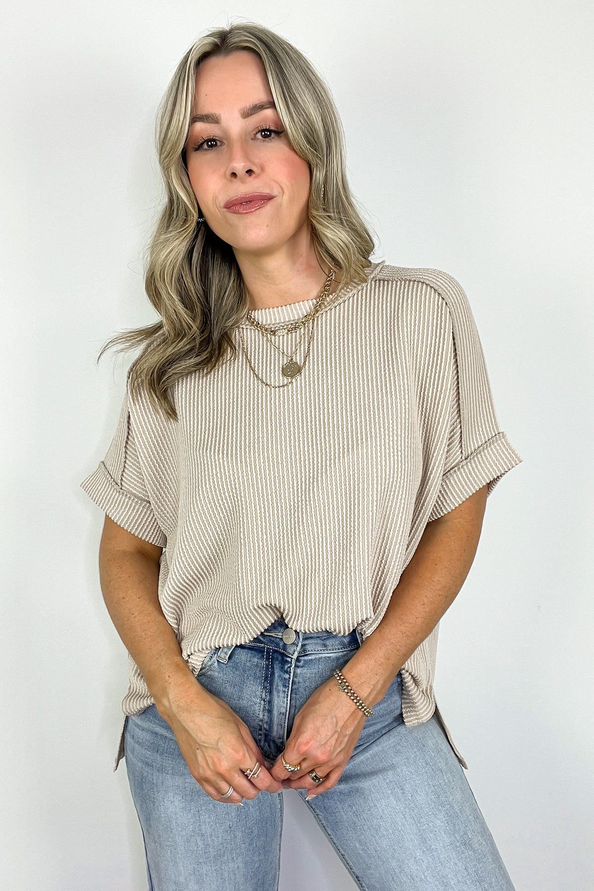 Simple Adoration Rib Knit Cuff Sleeve Raw Edge Top - FINAL SALE ...