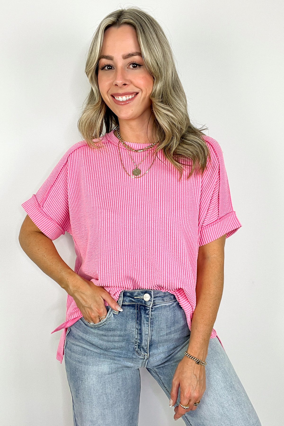 Simple Adoration Rib Knit Cuff Sleeve Raw Edge Top - FINAL SALE ...