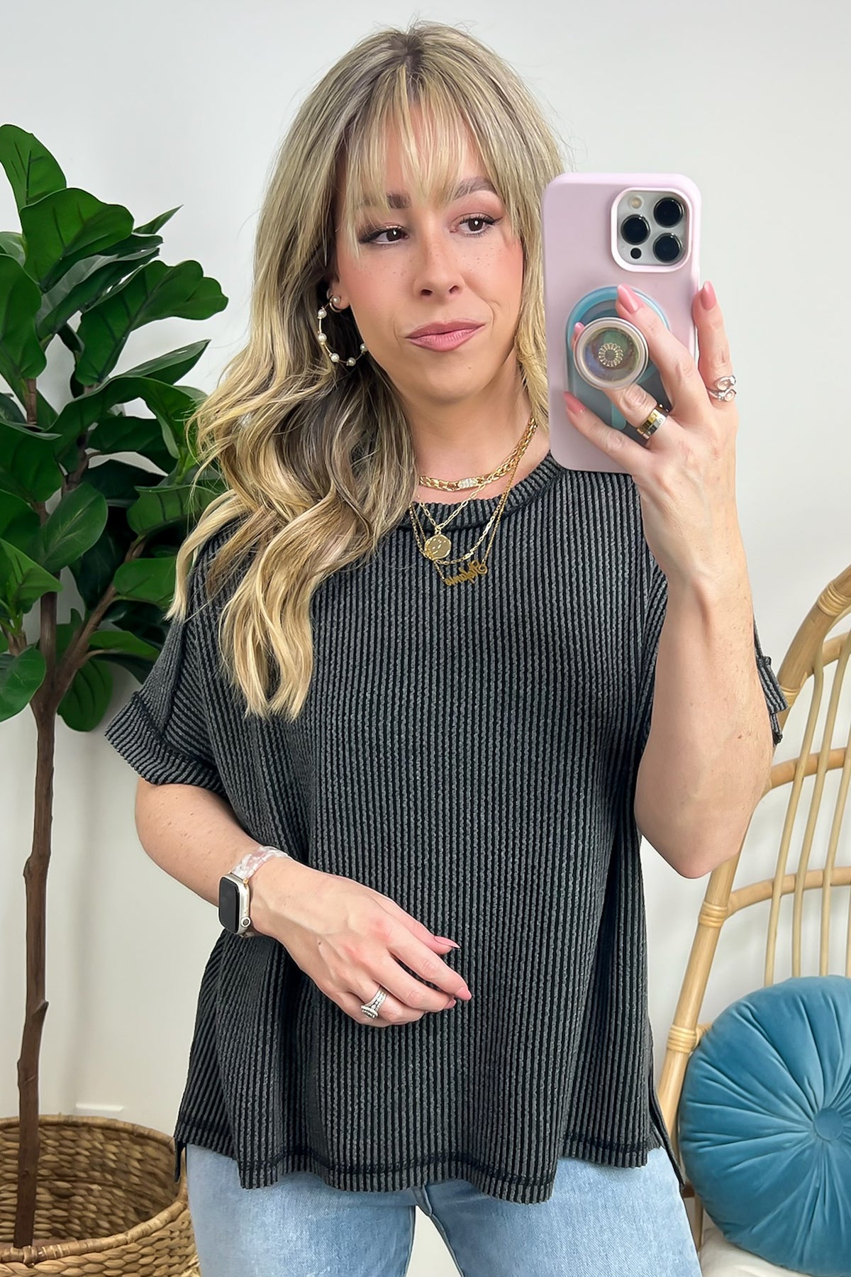 Simple Adoration Rib Knit Cuff Sleeve Raw Edge Top - FINAL SALE ...