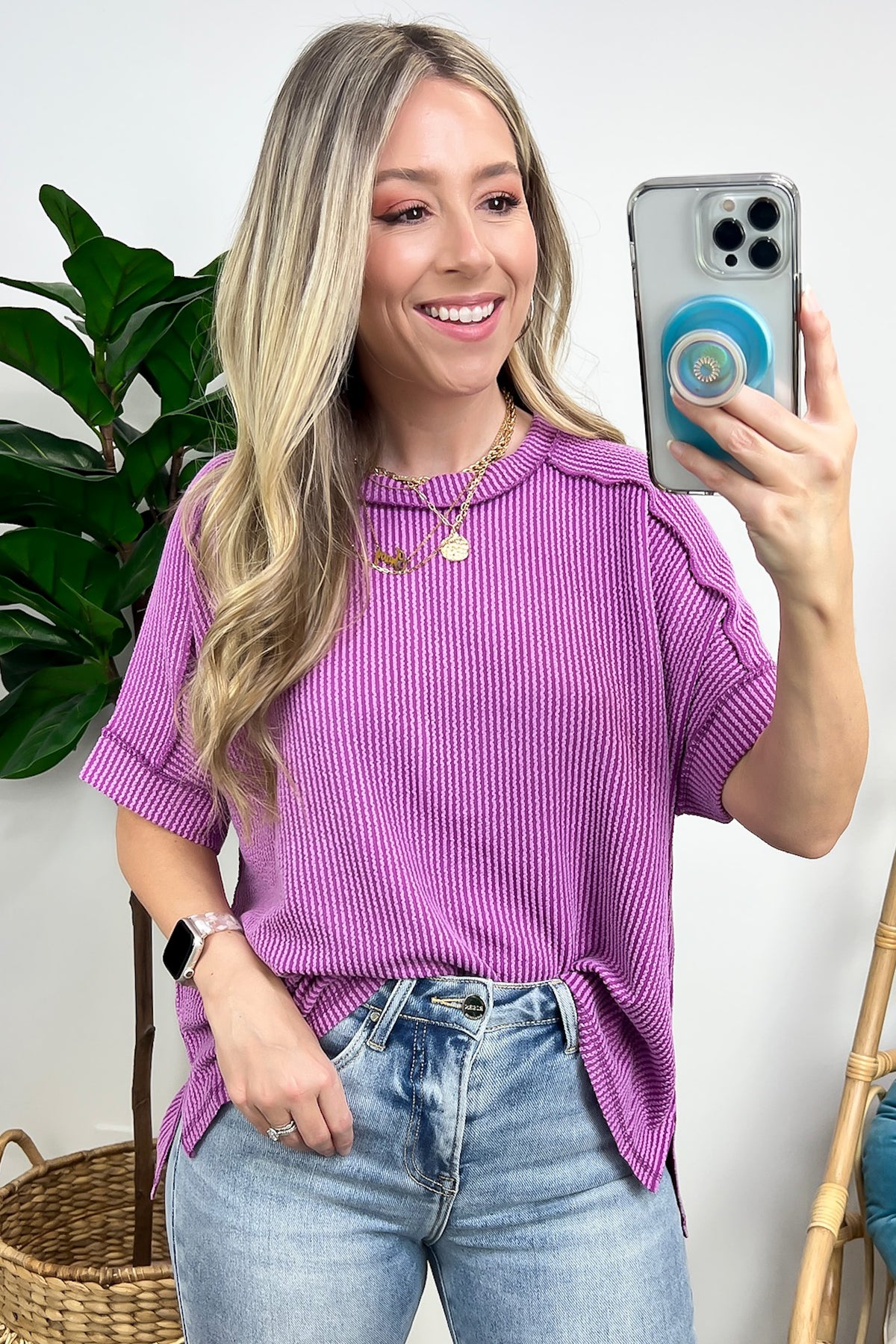 Simple Adoration Rib Knit Cuff Sleeve Raw Edge Top - FINAL SALE ...